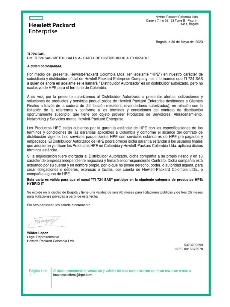Carta Distribuidor Autorizado HPE | Descargar gratis PDF | Hewlett Packard | Industrias de servicio