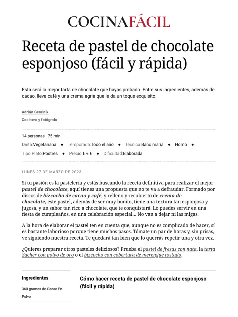 Receta De Pastel De Chocolate Esponjoso Fácil Y Rápida Pdf