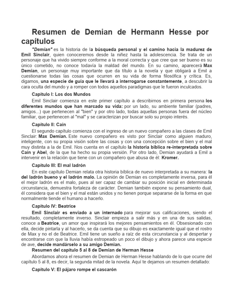 Resumen de Demian de Hermann Hesse Por Capítulos | PDF
