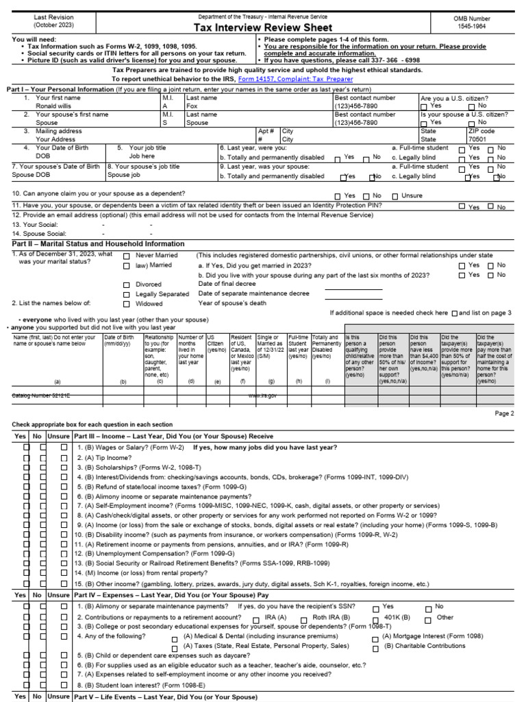 Tax Interview Review Sheet 2023 | PDF | Tax Refund | Irs Tax Forms