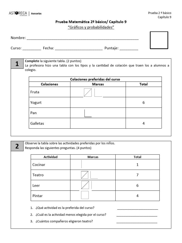 Prueba de Gráficos y Probabilidades 2º Básico | PDF