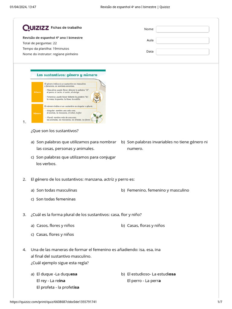 Revisão de Espanhol 4º Ano I Bimestre - Quizizz | PDF | Sustantivo