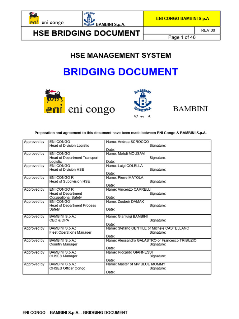 ENI Congo-Bambini HSE Bridging Document | PDF | Occupational Safety And Health | Safety