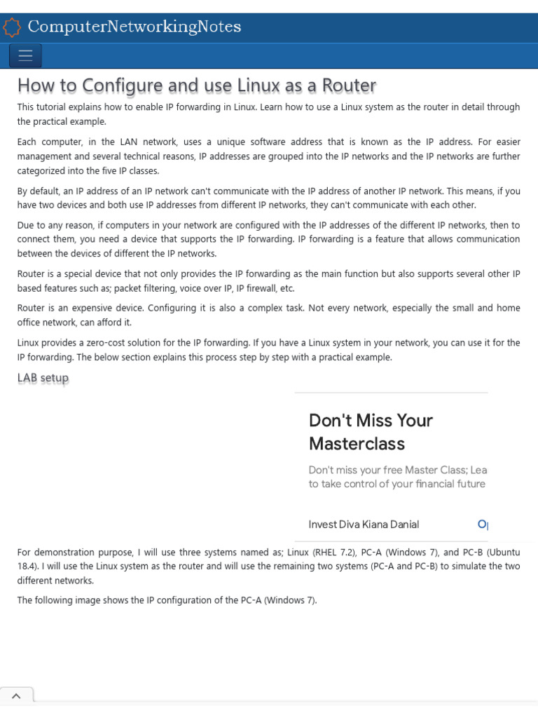 How To Configure and Use Linux As A Router | PDF | Ip Address | Router (Computing)