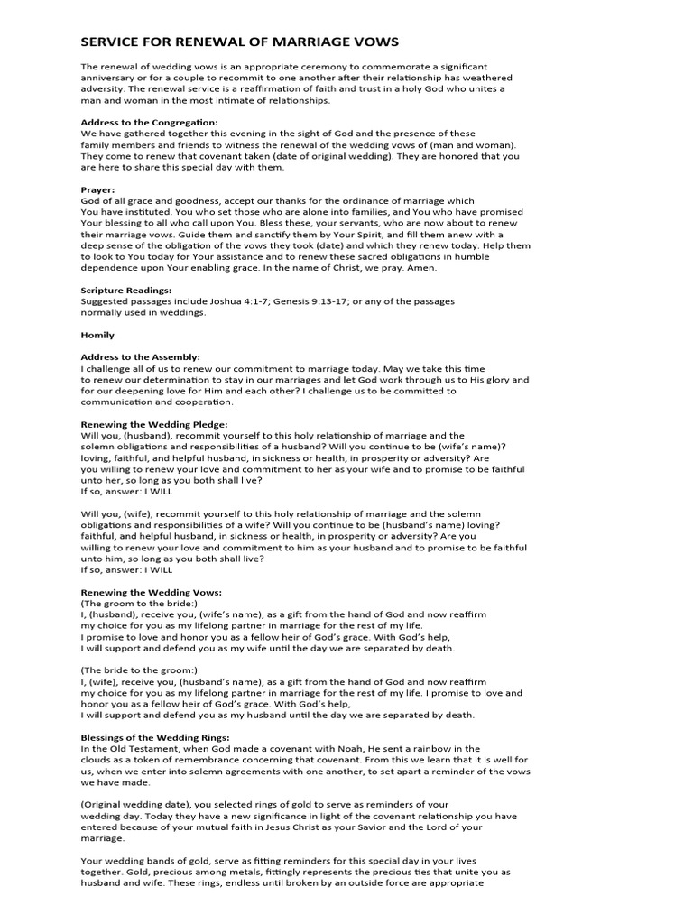 Service For Renewal of Marriage Vows | PDF | Wedding | Marriage