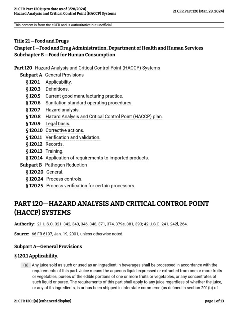 21 CFR Part 120 (Up To Date As of 3-28-2024) | PDF | Hazard Analysis ...
