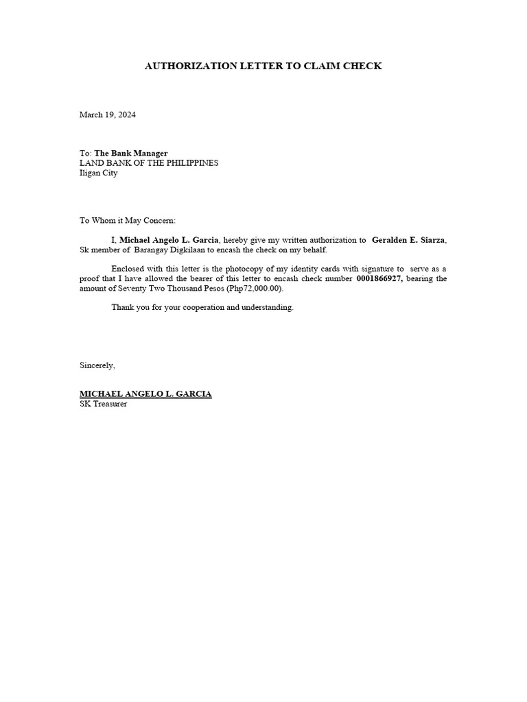 Authorization Letter for Check Claim | PDF