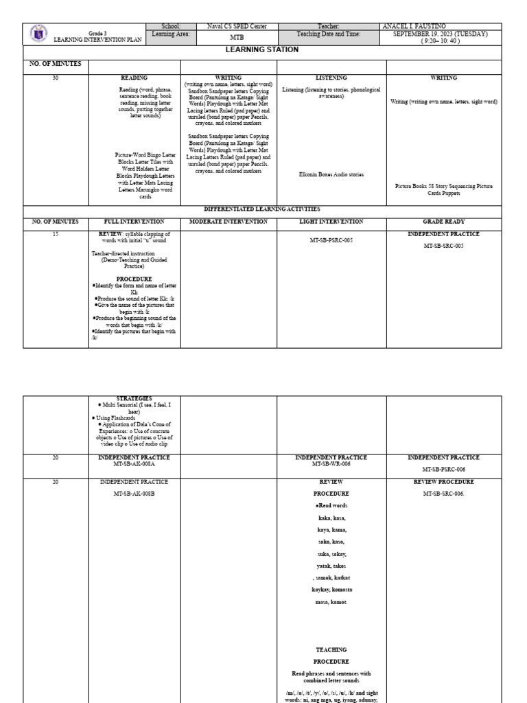 MTB Intervention Plan | Download Free PDF | Word | Applied Linguistics