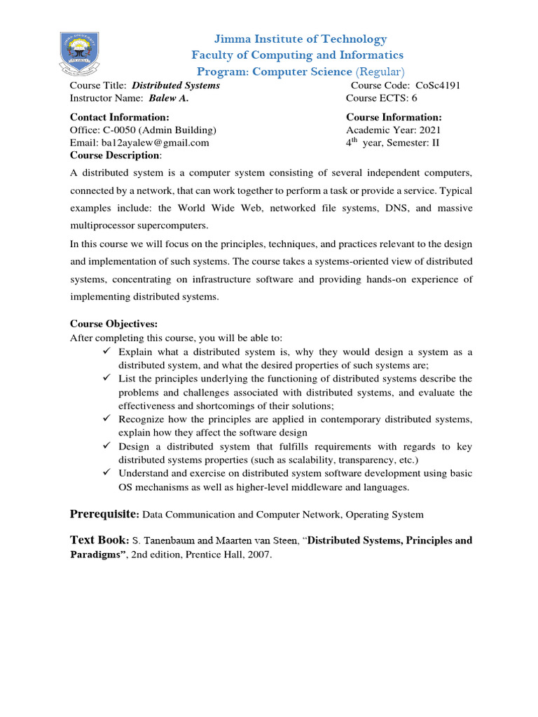 Course Outline | PDF | Distributed Computing | System