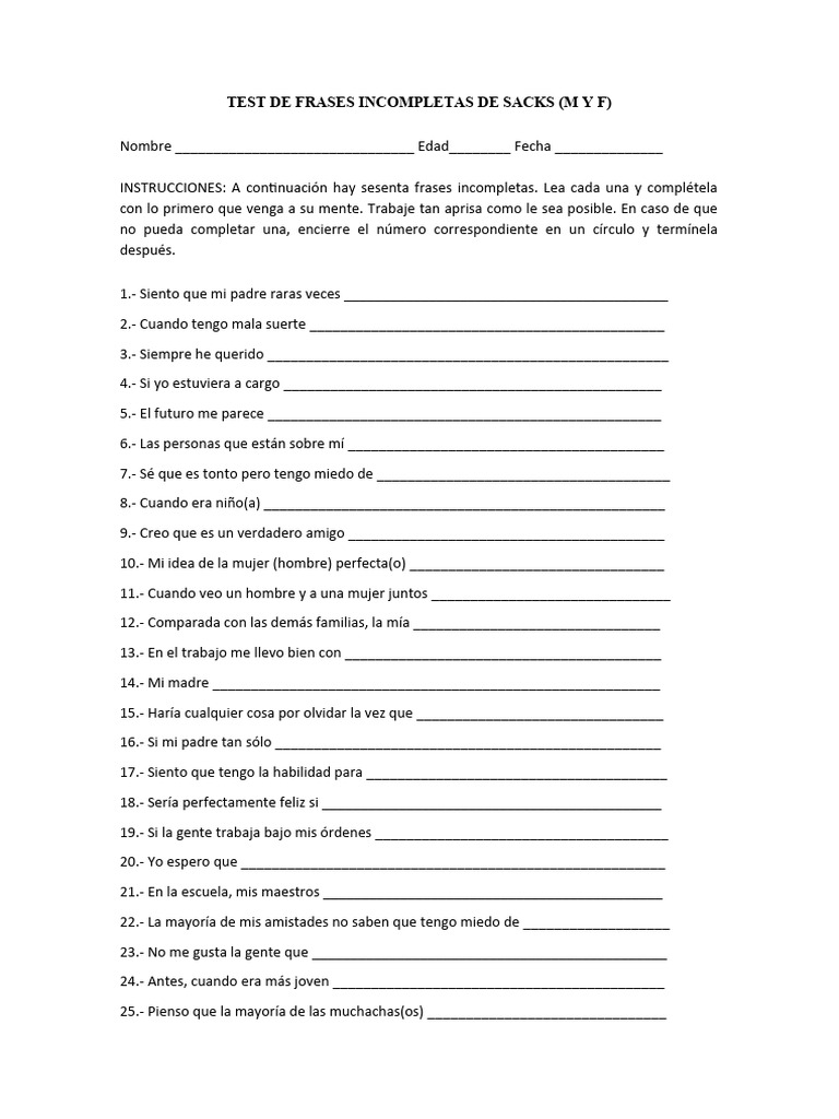Test de Frases Incompletas de Sacks | PDF