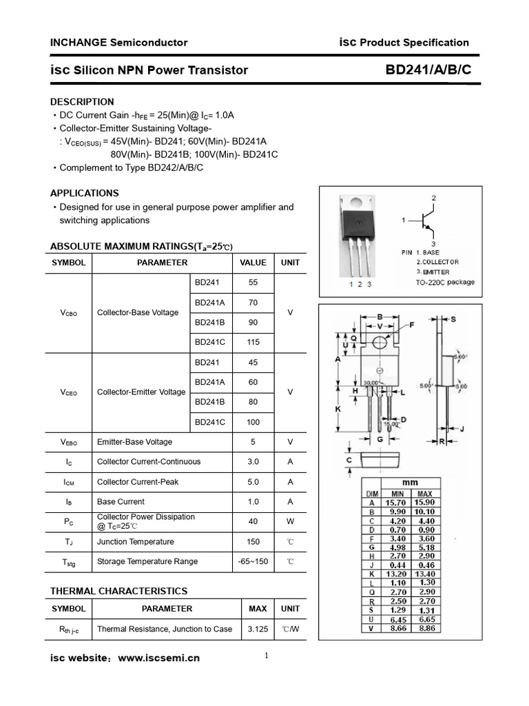 Inchange Semiconductor BD241 Datasheet | PDF | Bipolar Junction ...