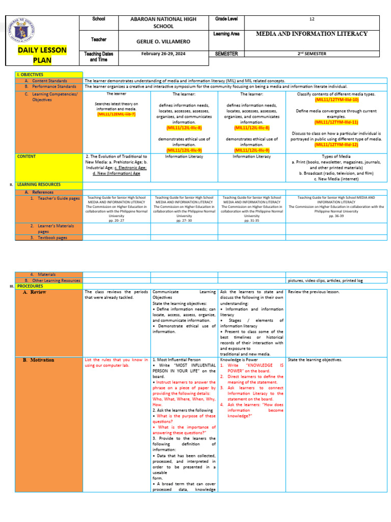 Daily Lesson Plan: Abaroan National High School Gerlie O. Villamero ...