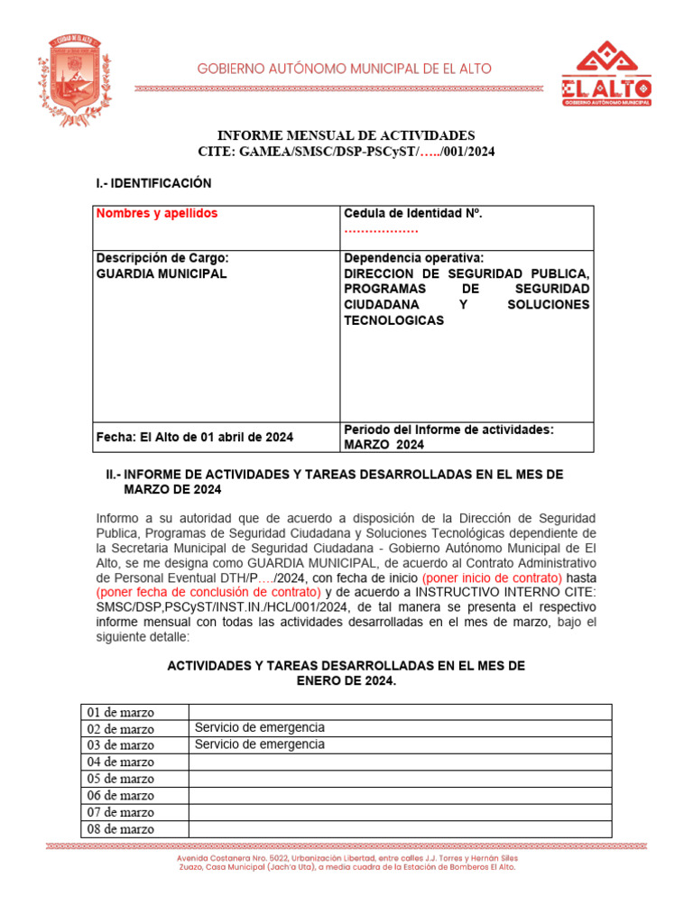 Formato de Informe Mensual GM 2024 | PDF | Gobierno