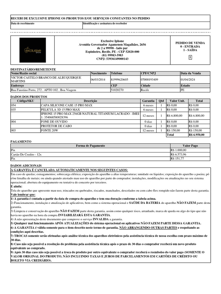 Recibo Da Venda #40023212 - VICTOR CASTELO BRANCO DE ALBUQUERQUE MARTINS | PDF