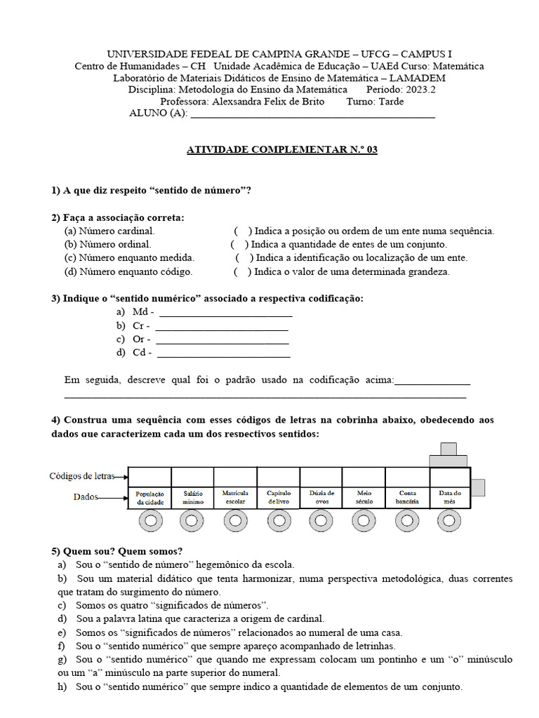 ATIVIDADE COMPLEMENTAR 03 - Sentido de Número | PDF | Números | Matemática
