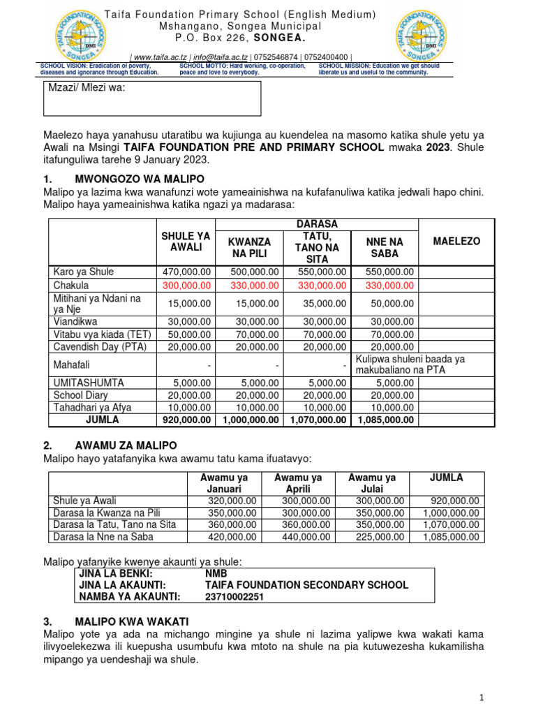 2023.01 Maelekezo Ya Kujiunga Na Shule Msingi Taifa Foundation Pre and ...