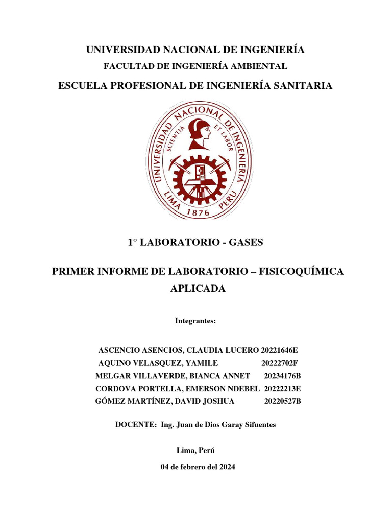 1° Informe De Laboratorio Fisicoquímica Pdf Gases Ácido Clorhídrico
