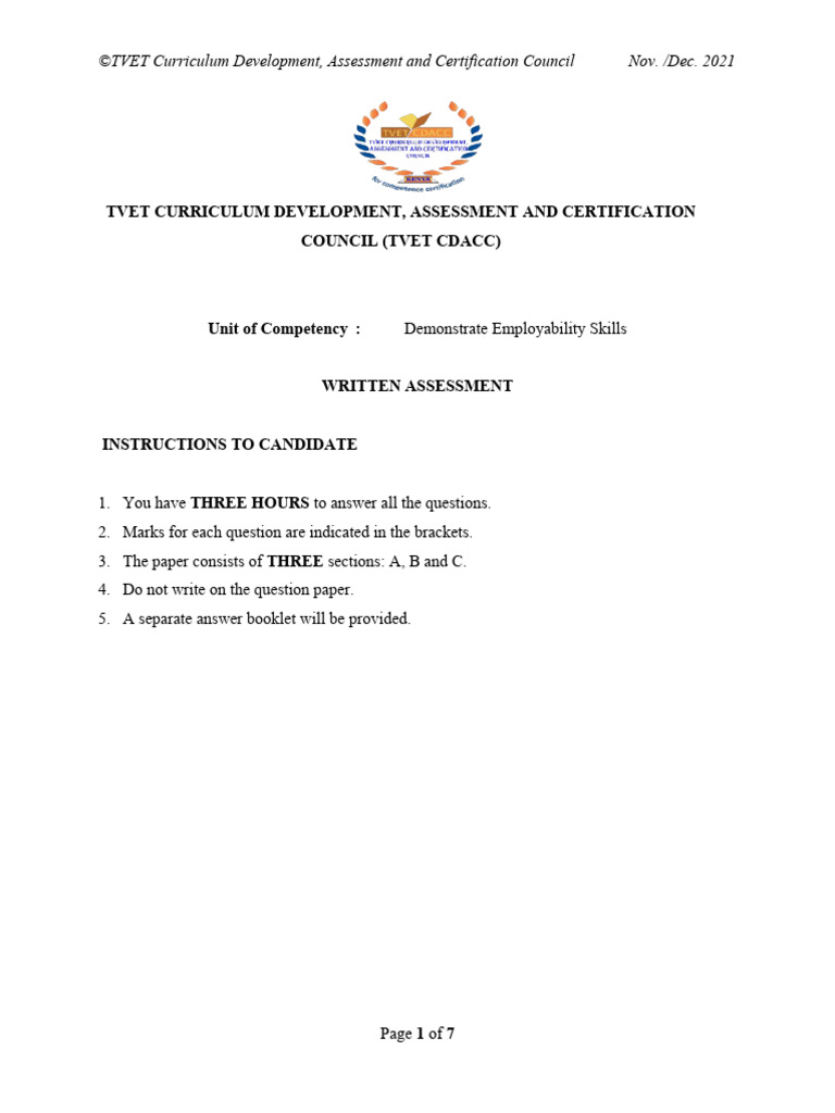 Candidate Written Assessment Demonstrate Employability Skills Level 5 ...