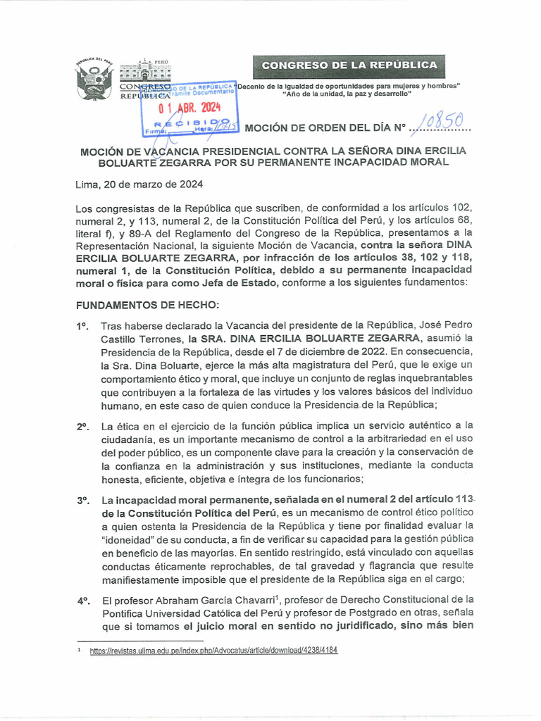 Moción de Vacancia Contra Dina Boluarte - 1 Abril 2024 | PDF ...