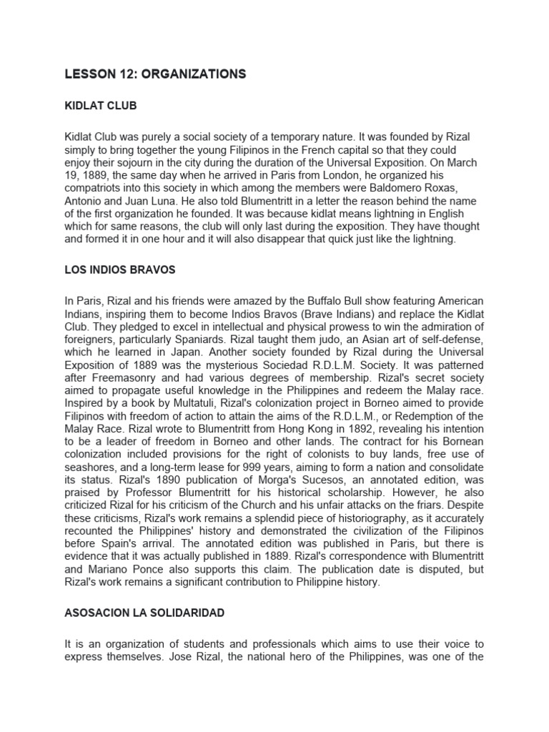 Rizal: Lesson 12 Organizations | PDF | Spanish East Indies | Philippines Rizal: Lesson 12 Organizations | PDF | Spanish East Indies | Philippines