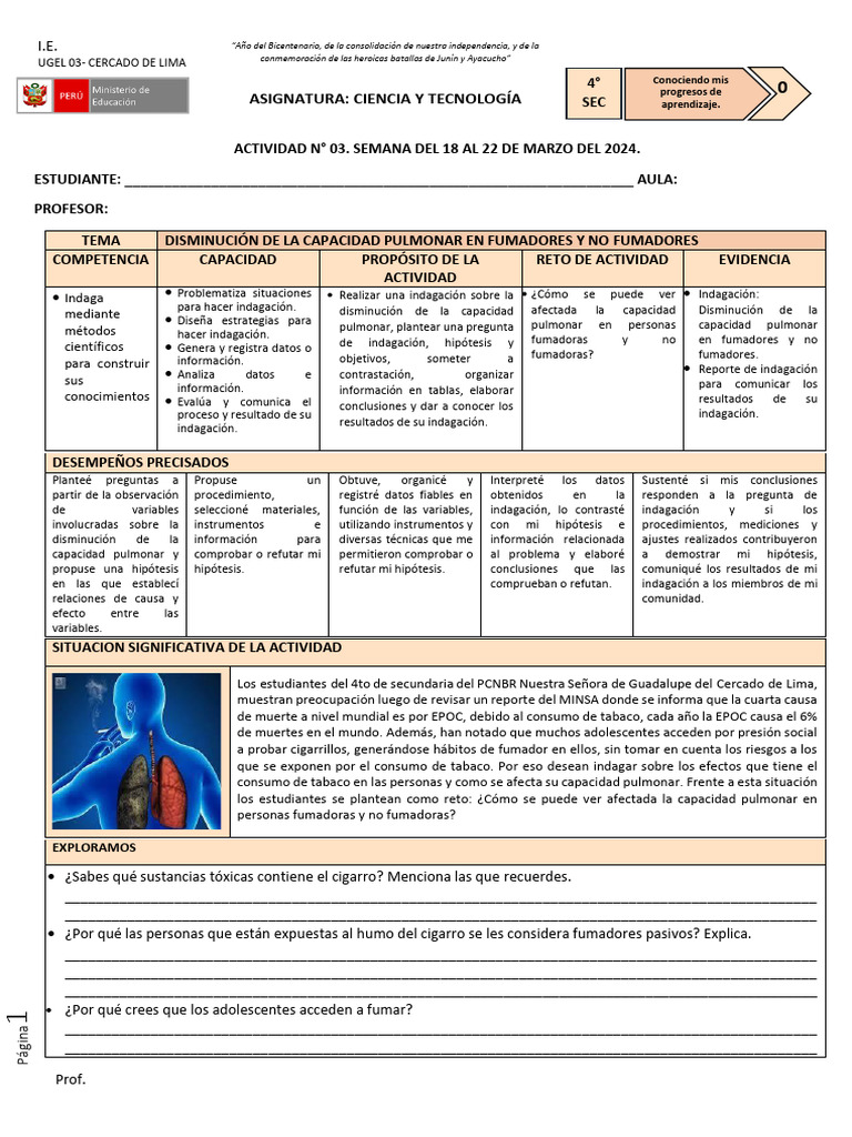 (PDF) 4°sec - UNIDAD 0 - ACTIVIDAD 3 (CyT Indaga 2024) - Disminución de La Capacidad Pulmonar ...