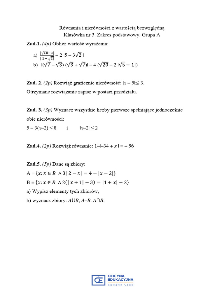 2019 3 Klasowka kl2 Rownania Nierownosci Wart Bezwg ZP Ab Wer1 | PDF