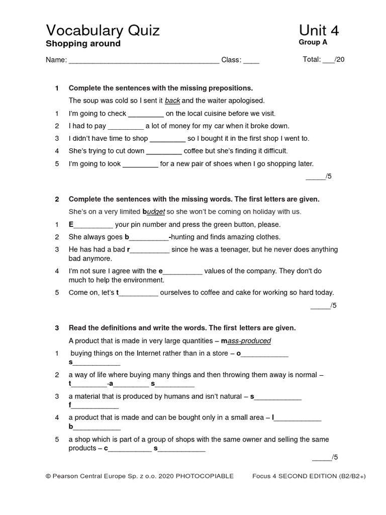 Focus4 2E Vocabulary Quiz Unit4 GroupA 1kol 2 | PDF