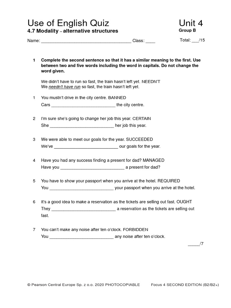 Focus4 2E Use-of-English Quiz Unit4 GroupB 1kol | PDF