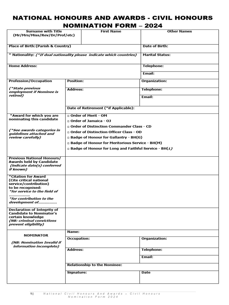 National Honours and Awards Civil Honours Nomination Form and ...