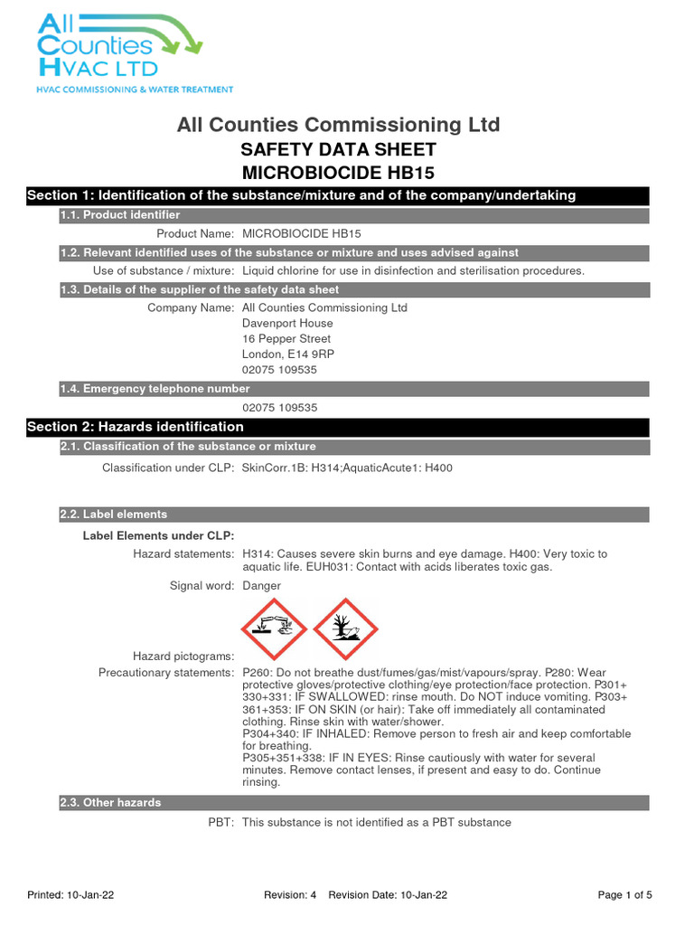 Microbiocide Chlorine Data Sheets | PDF | Toxicity | Personal ...
