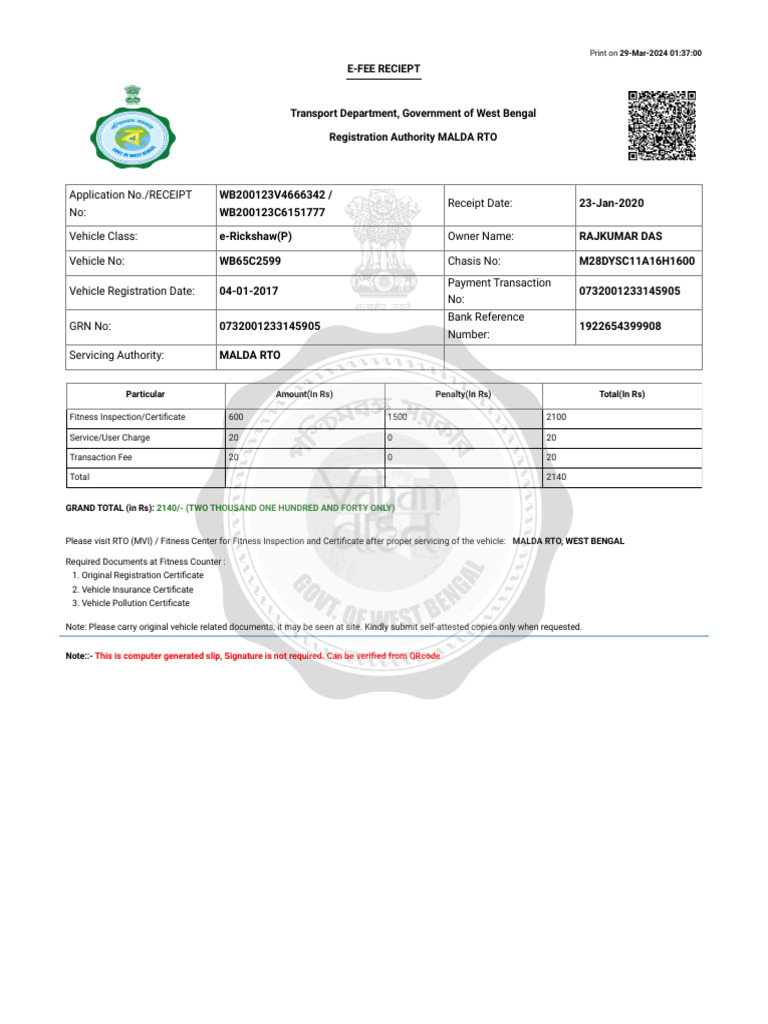 VAHAN 4.0 (Citizen Services) Onlineapp02 150 8013 | PDF | Receipt