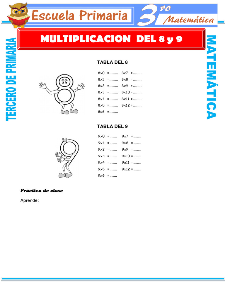 Multiplicacion Del 8 y 9 para Tercero de Primaria | PDF