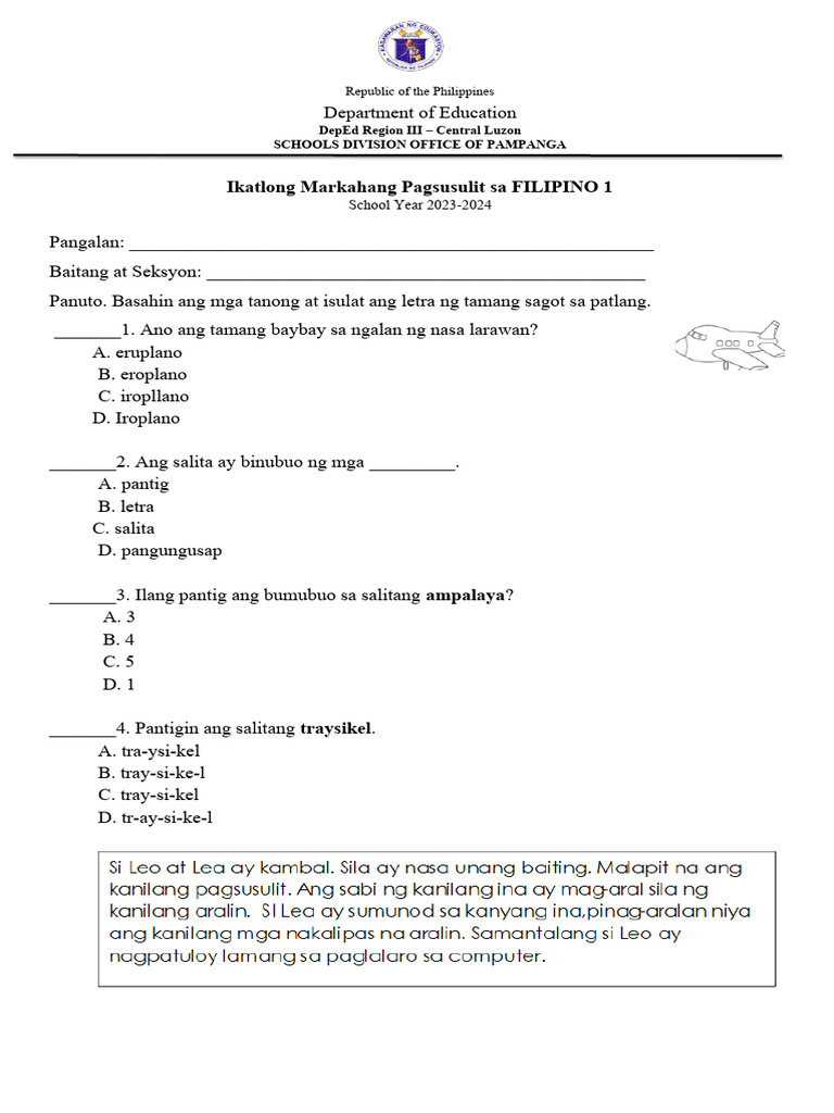 Grade 1 Filipino Q3 PT 2024 Tos 1 | PDF