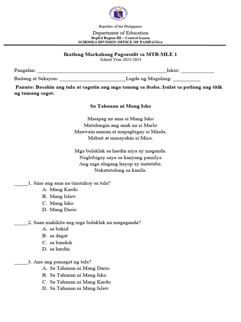 Grade 1 MTB Q3 PT 2024 Tos Final | PDF