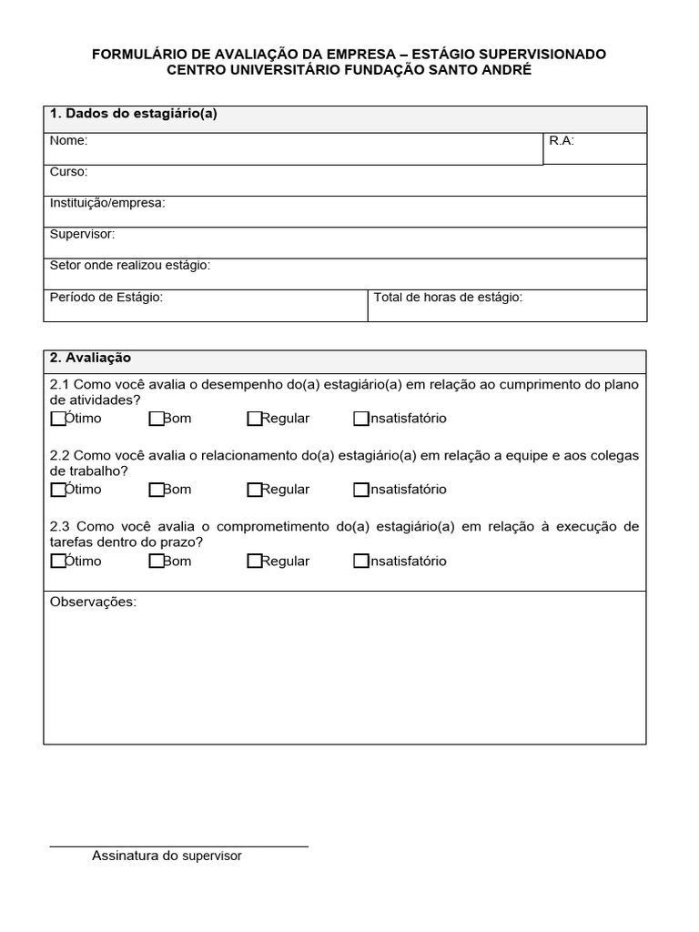 Formulário de Avaliação Do Supervisor | PDF