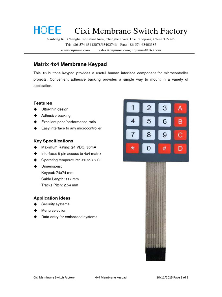 4x4 Membrane Keypad Overview | PDF