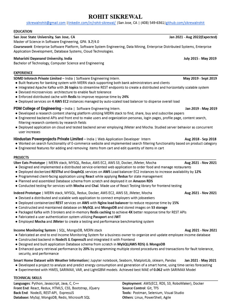 Software Engineer Resume - Rohit Sikrewal | PDF | Databases | Cloud Computing