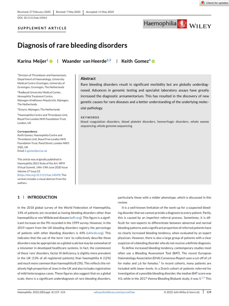 Haemophilia - 2022 - Meijer - Diagnosis of Rare Bleeding Disorders | PDF | Bleeding | Coagulation