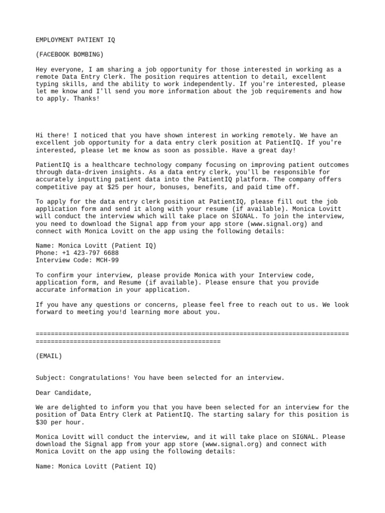 Remote Data Entry Job at PatientIQ | PDF | Health Care | Employment