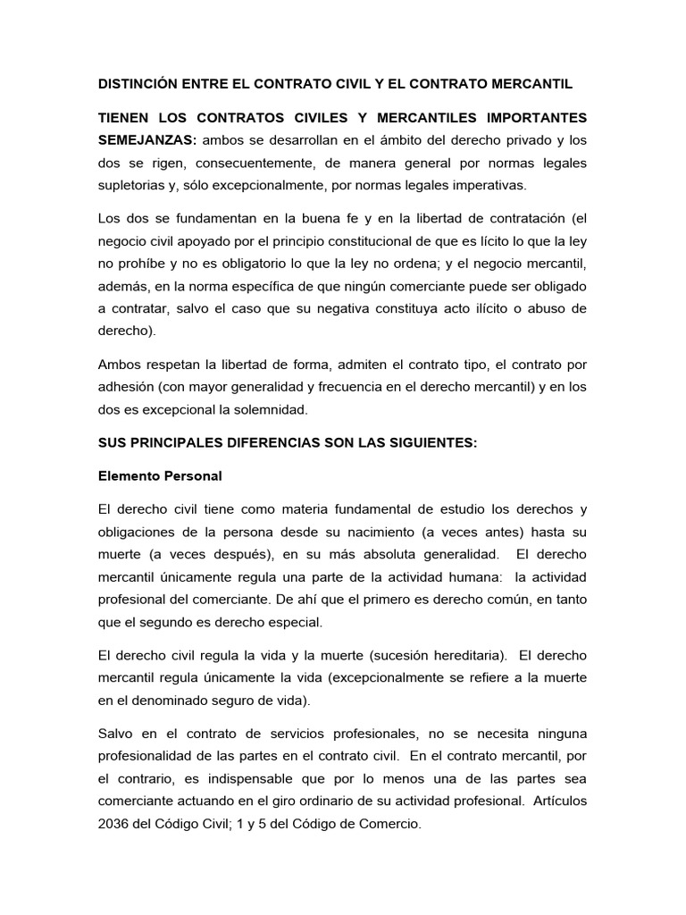 C Distinción Entre El Contrato Civil Y Mercantil Pdf Pagos