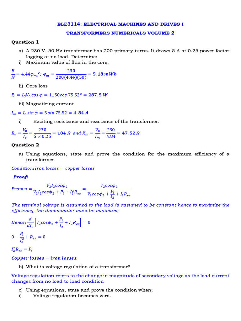 Transformers Numericals Vol. 2 Qtns and Solutions | Download Free PDF ...