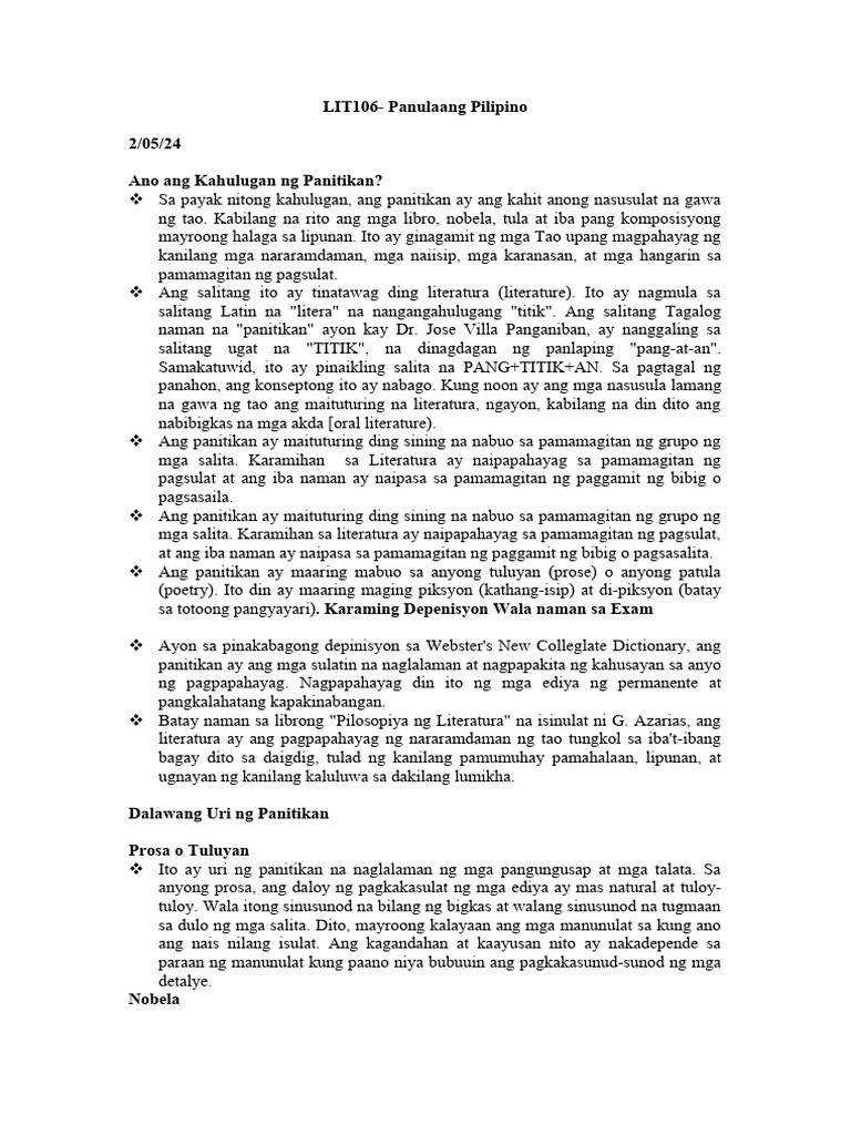 Lit106panulaang Pilipino Prelims 2 | PDF