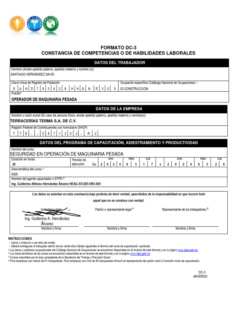 Formato Dc-3 Constancia de Competencias O de Habilidades Laborales | Descargar gratis PDF ...