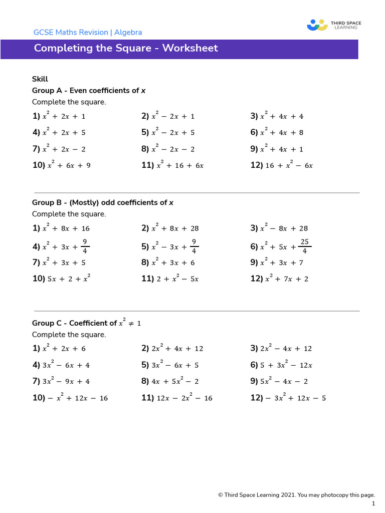 Third Space Learning Completing The Square GCSE Worksheet | PDF | Quadratic Equation | Equations