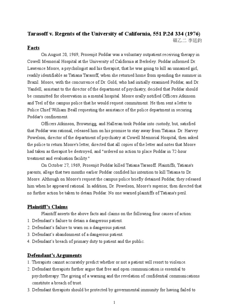 Tarasoff Case Brief | Duty Of Care | Sovereign Immunity