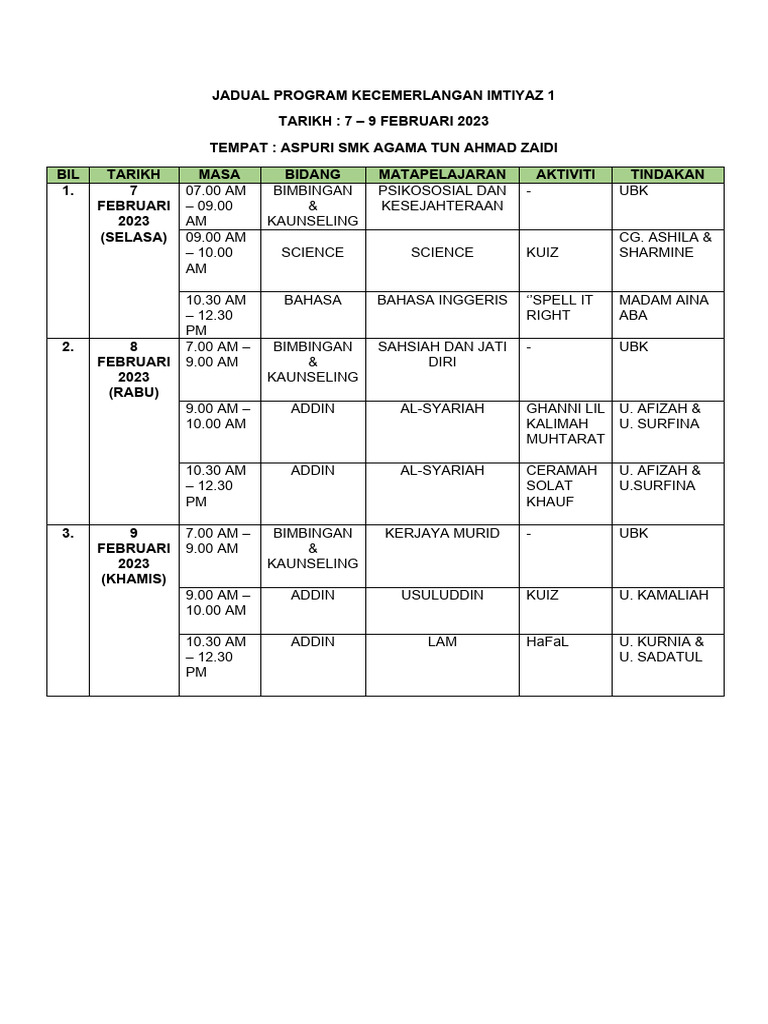 Jadual Program Kecemerlangan Imtiyaz 1 | PDF