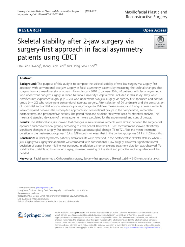 Skeletal Stability After 2-Jaw Surgery Via Surgery-First Approach in Facial Asymmetry Patients ...