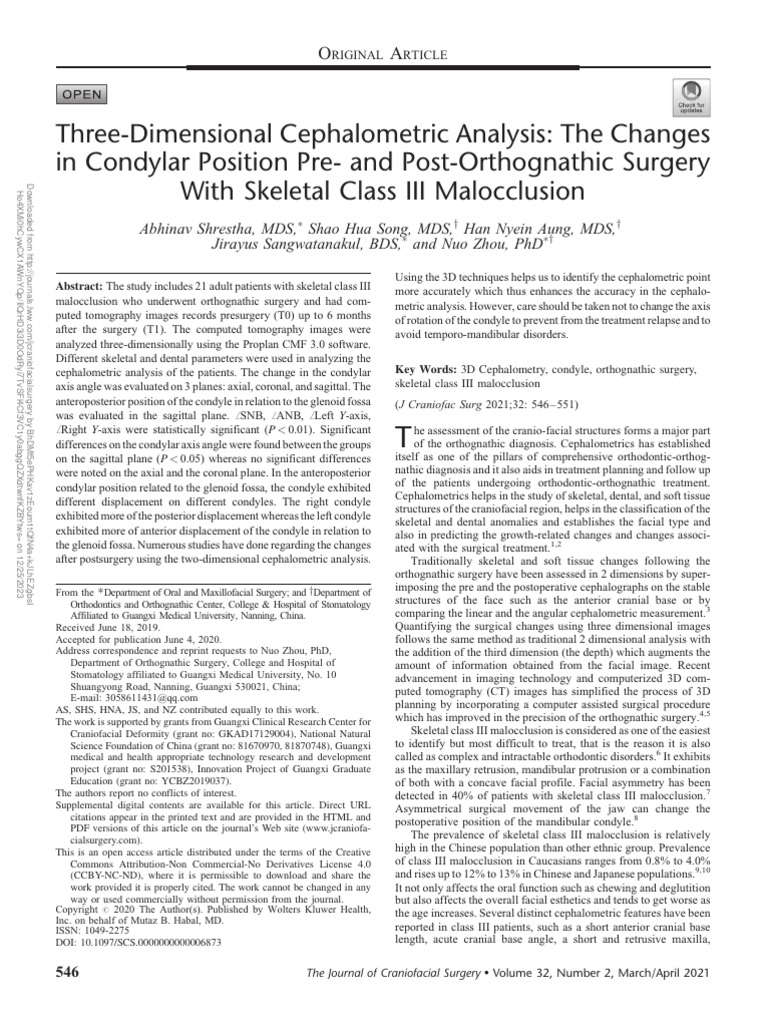 Three-Dimensional Cephalometric Analysis The Changes in Condylar ...