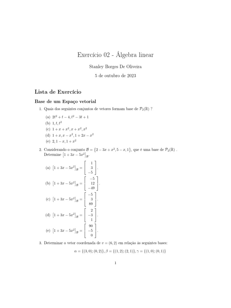 Exercício 02 - Álgebra Linear Base | PDF | Espaço vetorial | Física