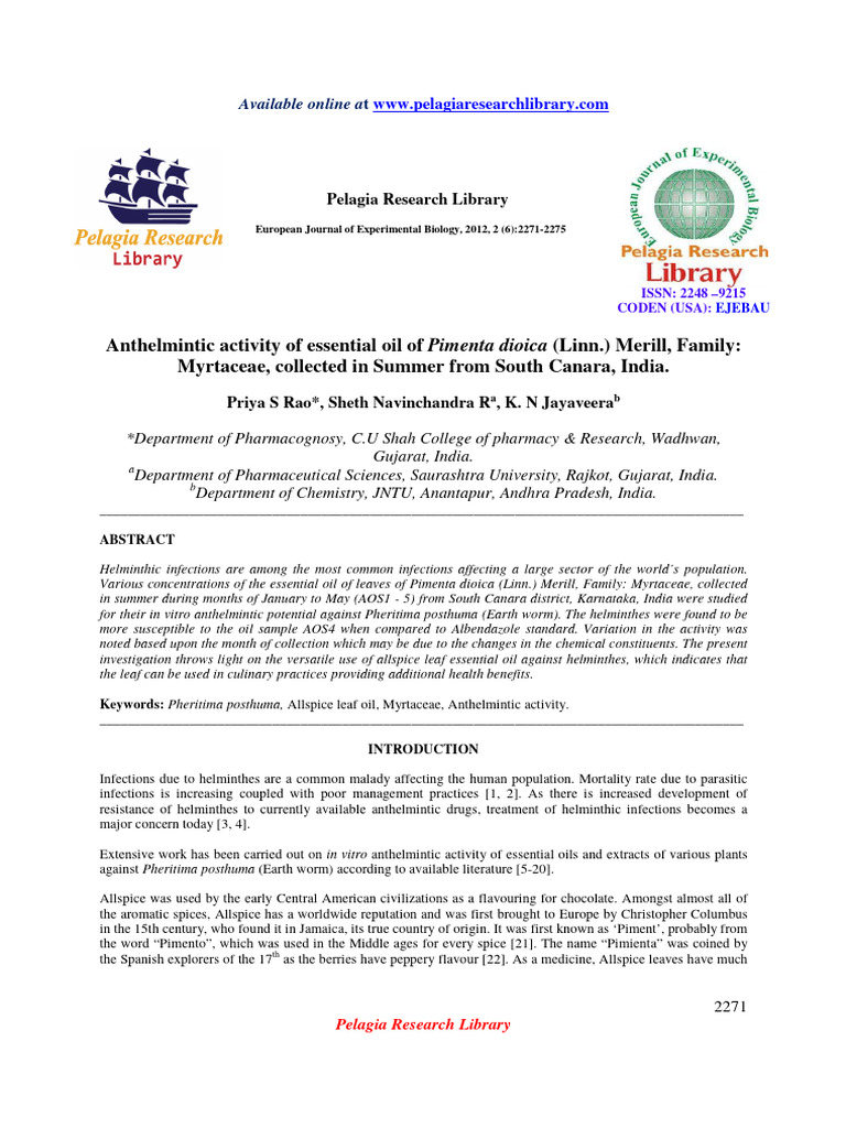 Anthelmintic Activity of Essential Oil of Pimenta Dioica | PDF